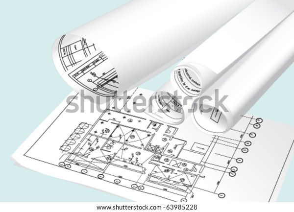 Several Rolls Blueprints On Open Blueprint Stock Vector (Royalty Free ...