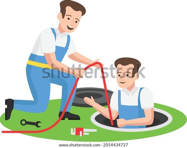 Sewer Drain Cleaning Crew Concept Sewage Stock Vector (Royalty Free ...
