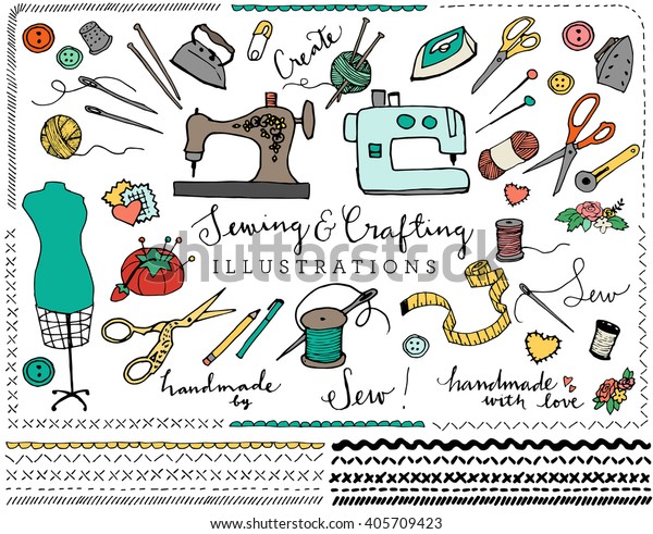 Sewing Crafting Illustrations Set Hand Drawn Stock Vector (Royalty Free ...