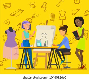 Vektor Stok Sewing Workshop Characters Production Among Concept (Tanpa ...