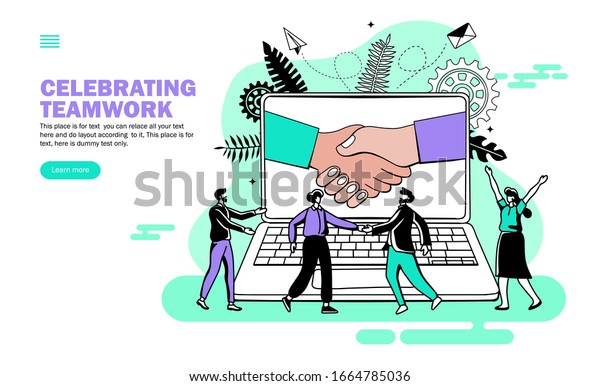 Shake Hand Congratulations Computer People Celebrating Stock Vector ...