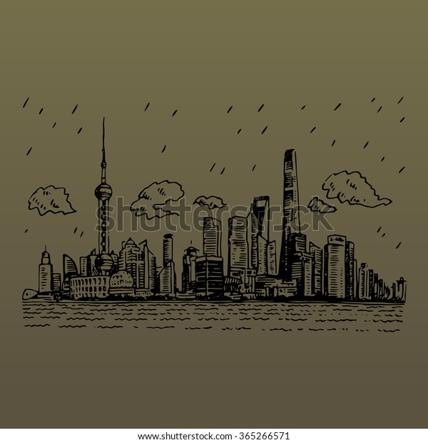 Shanghai Skyline China Vector Freehand Pencil Stock Vector (Royalty ...
