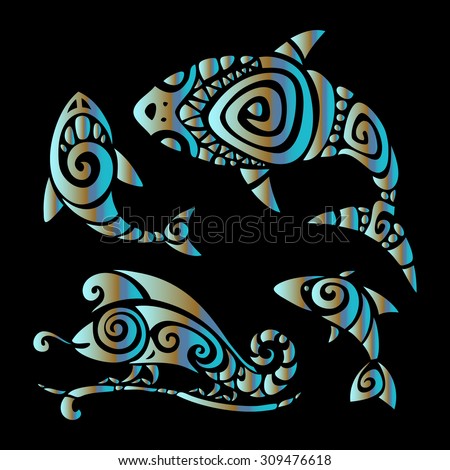 Shark Fish Chameleon Tribal Pattern Set Stock Vector (Royalty Free ...