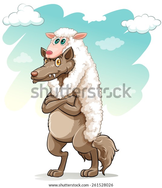 Stock vektor „Sheep Hugging Scary Wolf On White“ (bez autorských ...