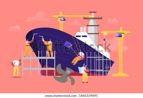 Shipbuilding Concept Engineers Male Characters Assembling Stok Vektör ...
