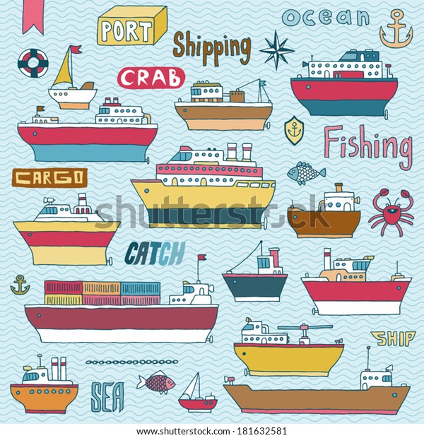 Ships Doodle Set Vector Illustration Stock Vector (Royalty Free) 181632581