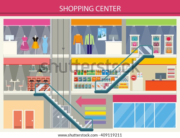 Shopping center storefronts design. Large shopping center with clothing ...