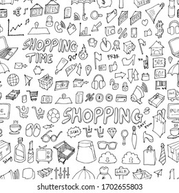 Shopping Doodle Background Seamless Pattern Drawing Stock Vector ...