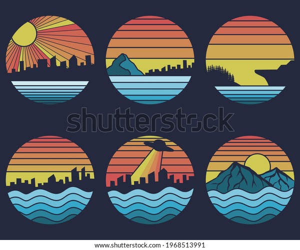 Shoreline Sunset Retro Vector Illustration Your Stock Vector (Royalty ...