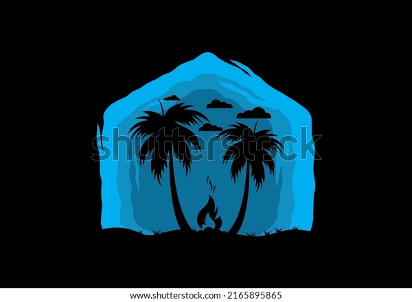 Silhouette Bonfire Coconut Trees On Beach: เวกเตอร์สต็อก (ปลอดค่า ...