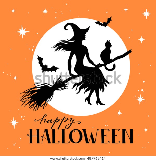 Silhouette Flying Witch Cat On Broom Stock Vector (Royalty Free ...