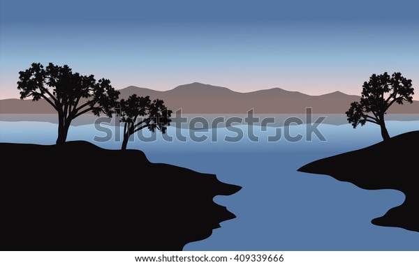 Silhouette Lake Trees Blue Backgrounds Stock Vector (Royalty Free ...