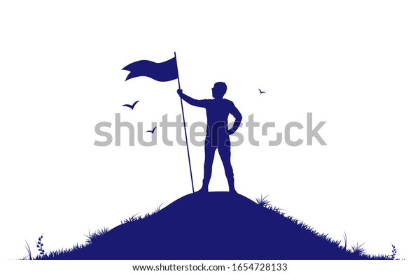 Silhouette Man Holding Flag On Hilltop Stock Vector (Royalty Free ...