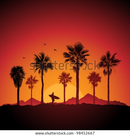Silhouette Surfer Palm Trees Sunset Stock Vector (Royalty Free ...