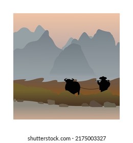 Silhouette Vector Buffalo Herding On Hill Stock Vector (Royalty Free ...
