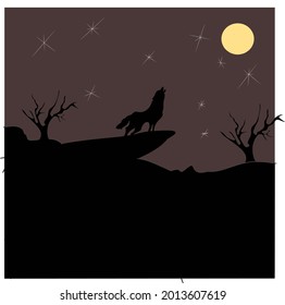 Silhouette Wolf On Edge Cliff Nigh Stock Vector (Royalty Free ...