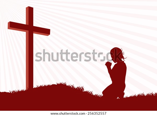 Silhouette Woman Praying Under Crossvector Illustration Stock Vector ...