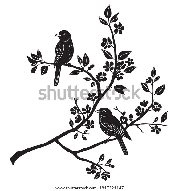 Silhouettes Birds Sitting On Tree Branches Stock Vector (Royalty Free ...