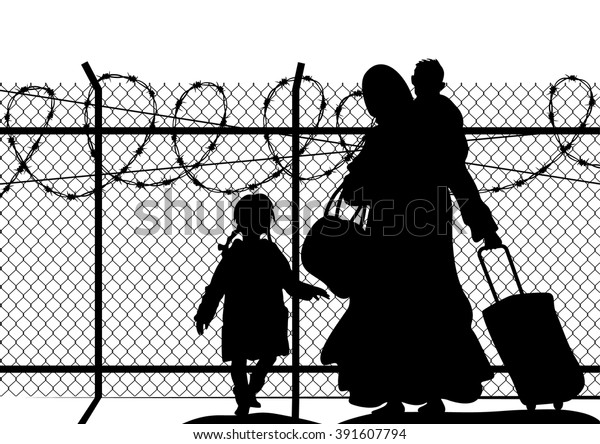 Silhouettes Refugee Two Children Standing Border Stock Vector (Royalty ...