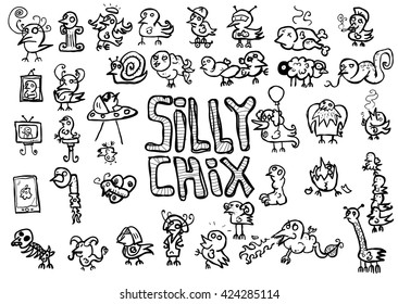 Silly Chicks Themed Doodle Sheet Black Stock Vector (Royalty Free ...