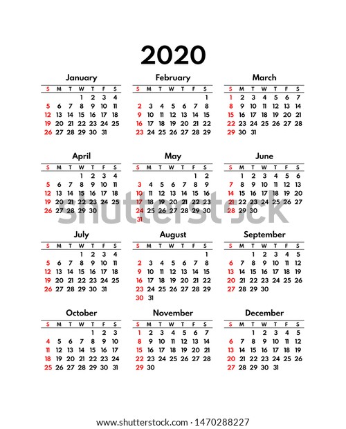 Simple 2020 Usa Calendar Grid Starts Stock Vector (Royalty Free ...