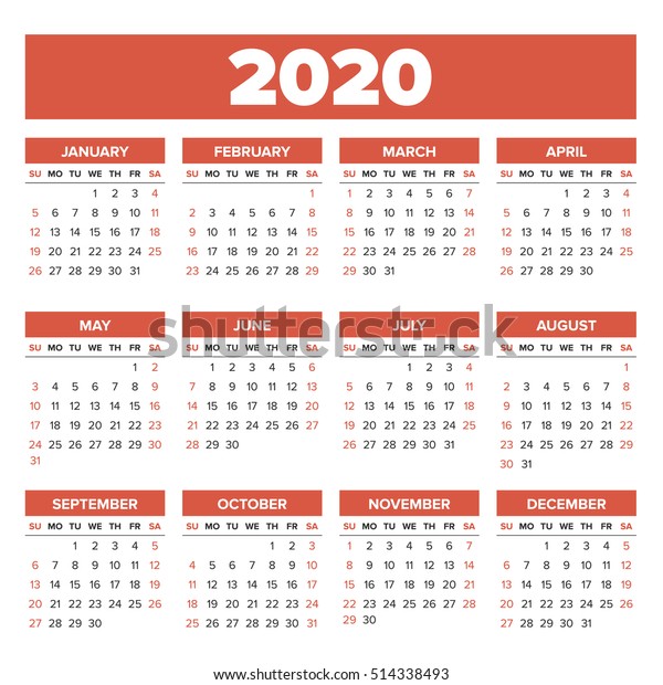 Simple 2020 Year Calendar Week Starts Stock Vector (Royalty Free ...