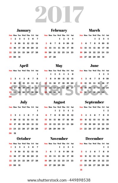 Simple Calendar 2017 Week Starts Sunday Stock Vector (Royalty Free ...