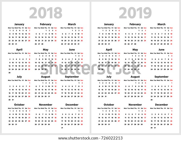 Simple Calendar 2018 2019 Years Week Stock Vector (Royalty Free ...