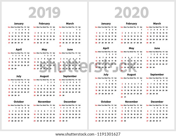 Simple Calendar 2019 2020 Years Week Stock Vector (Royalty Free) 1191301627