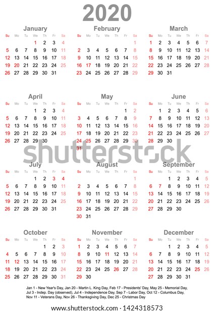 Simple Calendar 2020 Marked Official Holidays Stock Vector (Royalty ...