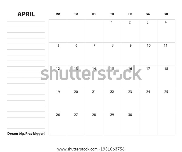 Simple Calendar Planner 2021 Grid April Stock Vector (Royalty Free ...