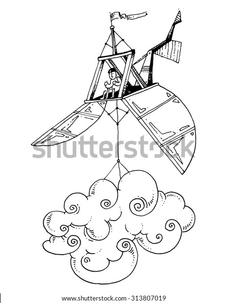 Simple Illustration Flying Machine Carrying Cloud Stock Vector (Royalty ...