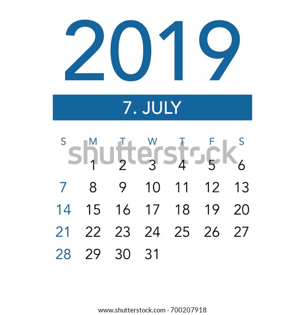 Simple July 2019 Calendar Week Starts: vector de stock (libre de ...