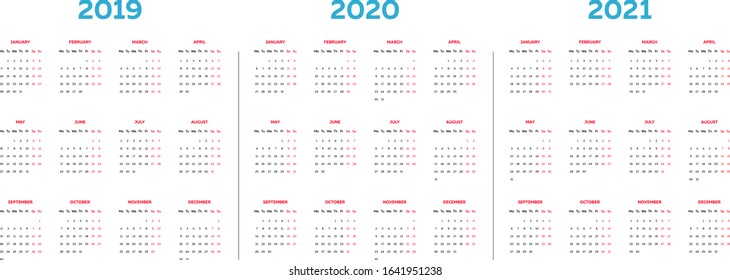 Simple Three Years Calendar Flat Editable Stock Vector (Royalty Free ...