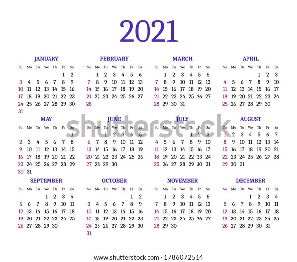 Simple Traditional Calendar Layout 2021 Year Stock Vector (Royalty Free ...