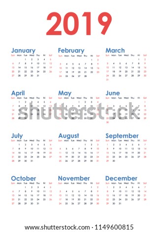 Simple Vertical Calendar 2019 Year On Stock Vector (Royalty Free ...