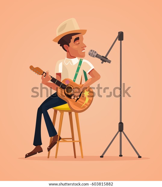 Singer man character sing song and play guitar. Vector flat cartoon ...
