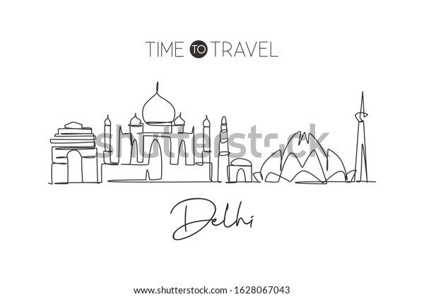 Single Continuous Line Drawing Delhi Skyline: เวกเตอร์สต็อก (ปลอดค่า ...
