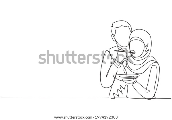 Single Continuous Line Drawing Romantic Arab เวกเตอร์สต็อก ปลอดค่า