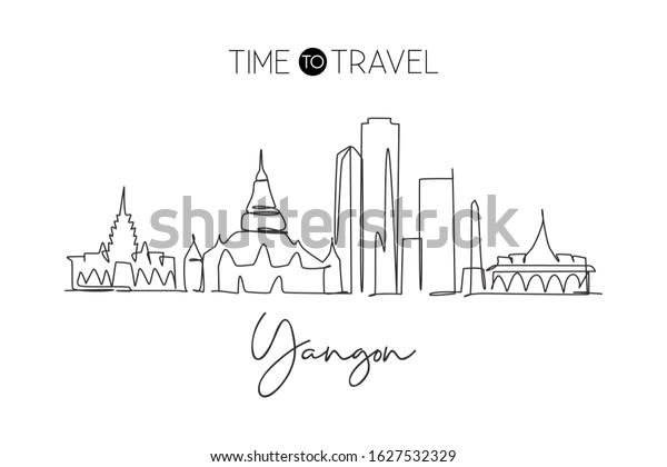 Single continuous line drawing of Yangon city skyline, Myanmar. Famous ...