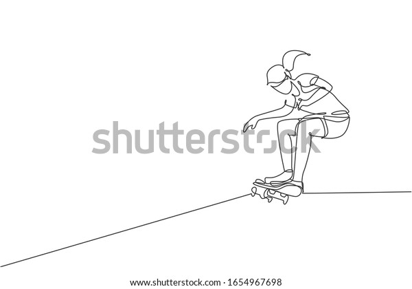 Dibujo de una línea continua de una joven patinadora fresca que monta ...