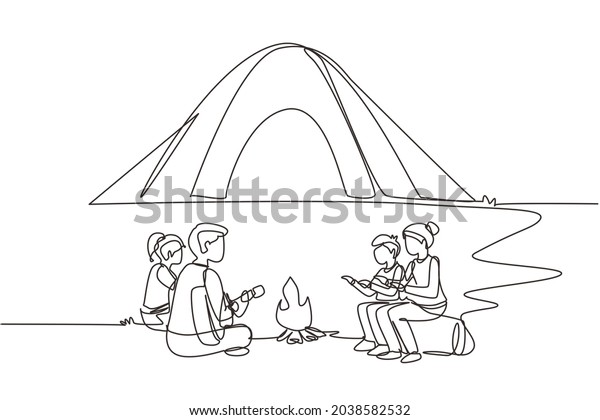 Single One Line Drawing Camping Family Stock Vector (Royalty Free ...