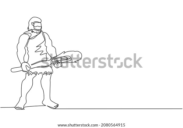 Single One Line Drawing Caveman Holding Stock Vector (Royalty Free ...