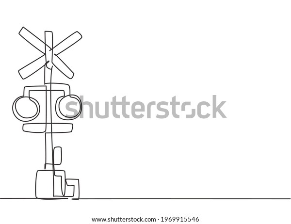 Single one line drawing of railway barrier with signs and warning ...