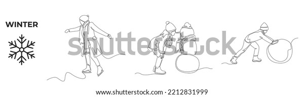 Single One Line Drawing Winter Activities Stock Vector (Royalty Free ...