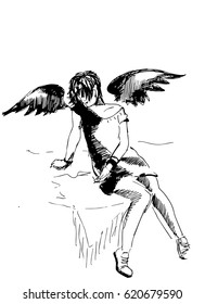 Sitting Angel Hand Drawn Vector Illustration Stock Vector (Royalty Free ...