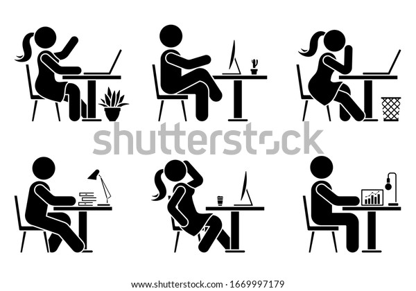 Sitting at desk office stick figure business man and woman side view ...