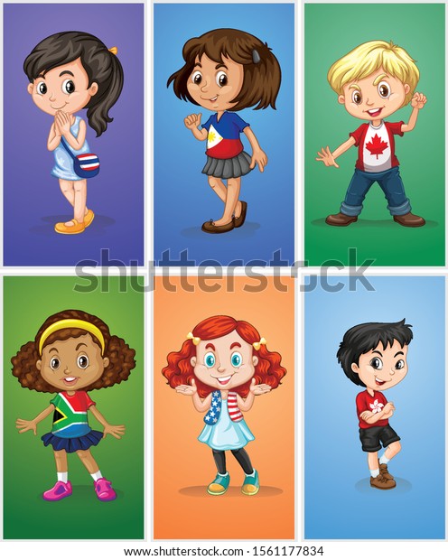 Six Children On Different Backgrounds Illustration Stock Vector ...