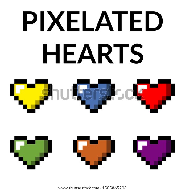 Six different color pixelated hearts for videogames and illustrations.