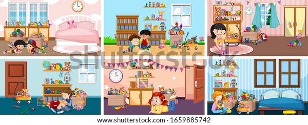 Six Scenes Children Doing Activities Different Stock Vector (Royalty ...
